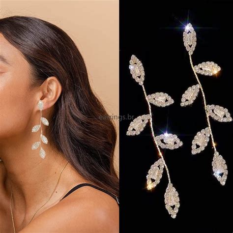 Rhinestone Leaves Earrings For Women Girls Metal Leaf Long Drop Dangle
