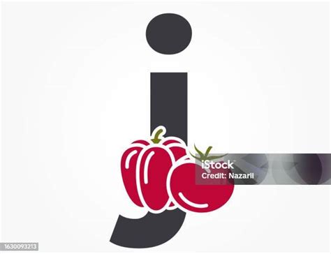 피망과 토마토를 곁들인 소문자 J 야채 및 유기농 식품 알파벳 로고 수확 및 농업 가을에 대한 스톡 벡터 아트 및 기타 이미지
