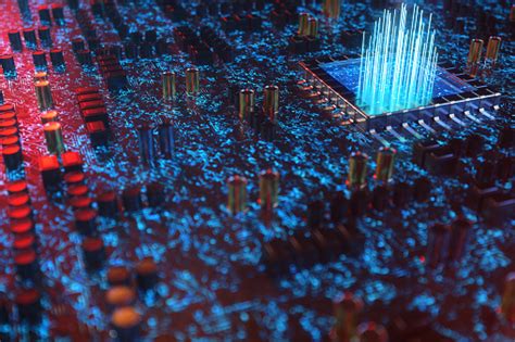 Ai인공 지능 개념 Cpu 기계 학습 빛나는 트랙이 있는 회로 기판의 중앙 컴퓨터 프로세서 인코딩된 데이터입니다 회로 배경 위에
