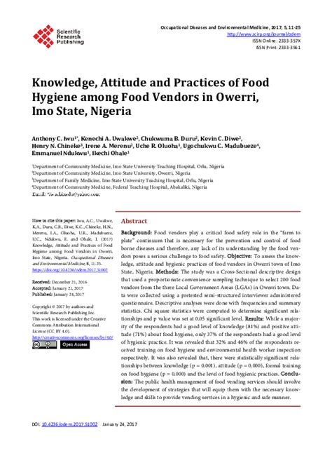 Pdf Knowledge Attitude And Practices Of Food Hygiene Among Food Vendors In Owerri Imo State