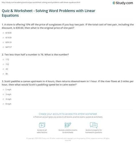 Quiz And Worksheet Solving Word Problems With Linear Equations