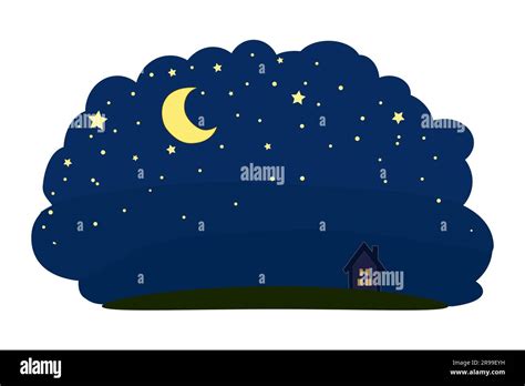 Cartoon House And Night Sky With Stars And Moon Midnight With One Home
