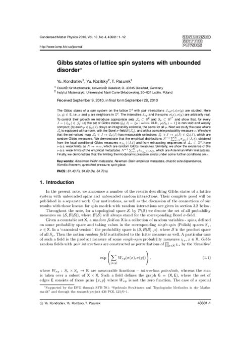 Pdf Gibbs States Of Lattice Spin Systems With Unbounded Disorder
