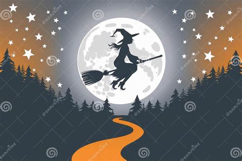 Spooky Witch Flying Broomstick Full Moon Halloween Themed