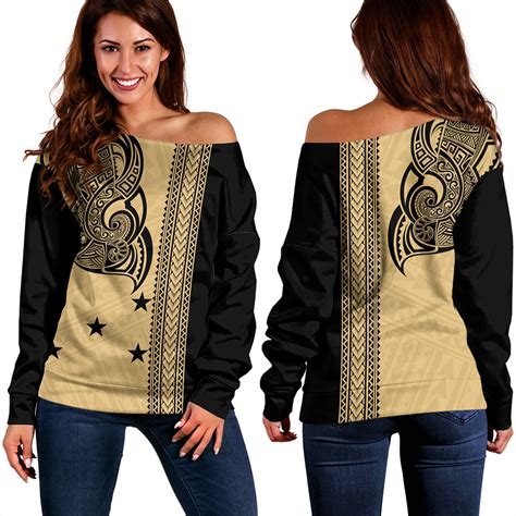 Gambier Islands Off Shoulder Sweatshirt Polynesian Coat Of Arms Tribal