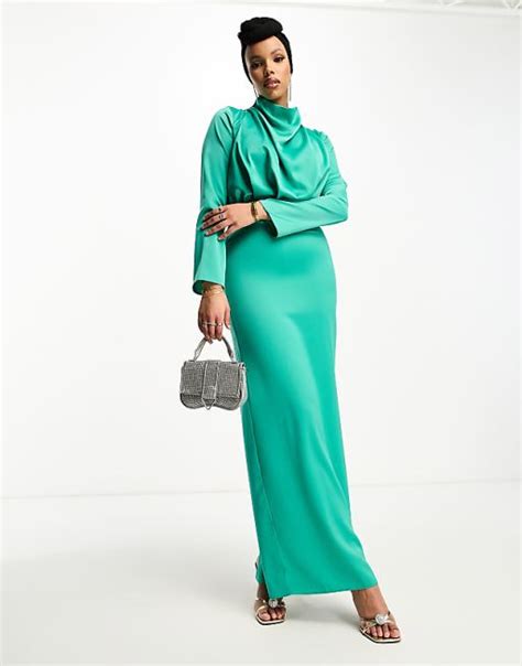 Asos Design Robe Longue Plissée Modeste En Satin à Col Montant Et