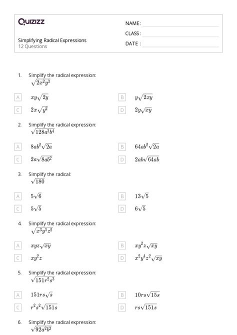 50 Radical Expressions Worksheets For 10th Class On Quizizz Free And Printable