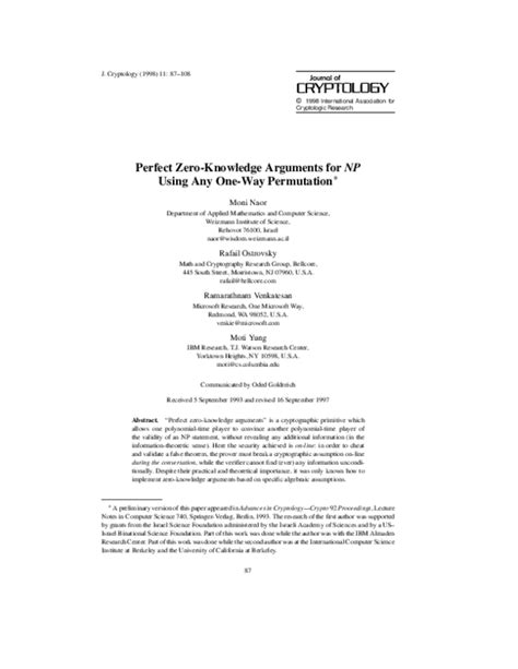 Pdf Perfect Zero Knowledge Arguments For Np Using Any One Way Permutation
