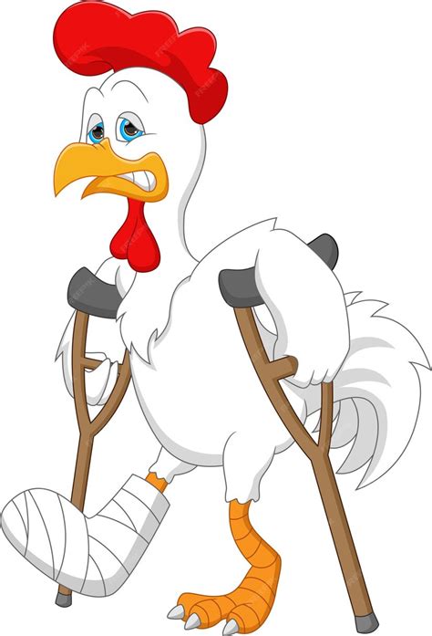 Gamba Rotta Di Pollo Del Fumetto E Usando Le Stampelle Vettore Premium