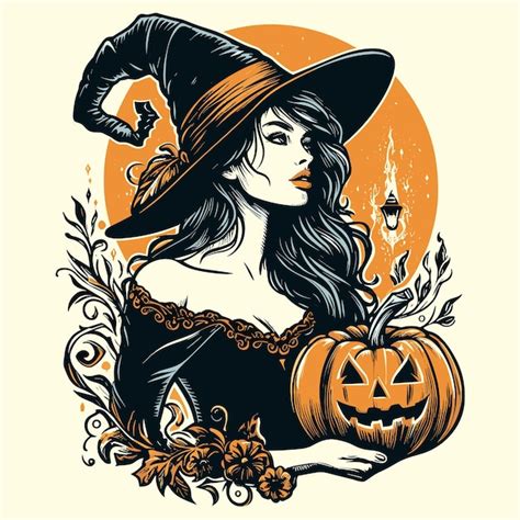 Bruja Con Una Calabaza En Halloween Vector Premium