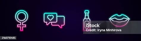 세트 라인 여성 성별 기호 말풍선 샴페인 병 및 웃는 입술에 하트 빛나는 네온 아이콘입니다 벡터 3월에 대한 스톡 벡터 아트 및