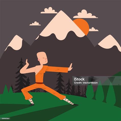 소림 스님 쿵푸 마스터 벡터 일러스트레이션 산에서 전통 동양 전투기 훈련 쿵푸 전사 만화 캐릭터 중국 무술 가운을 입은 소림 승려 균형에 대한 스톡 벡터 아트 및 기타