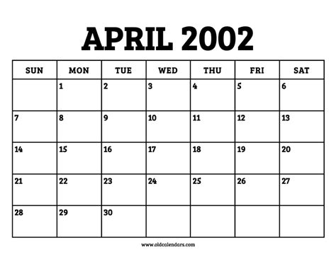 Calendar April Printable Old Calendars