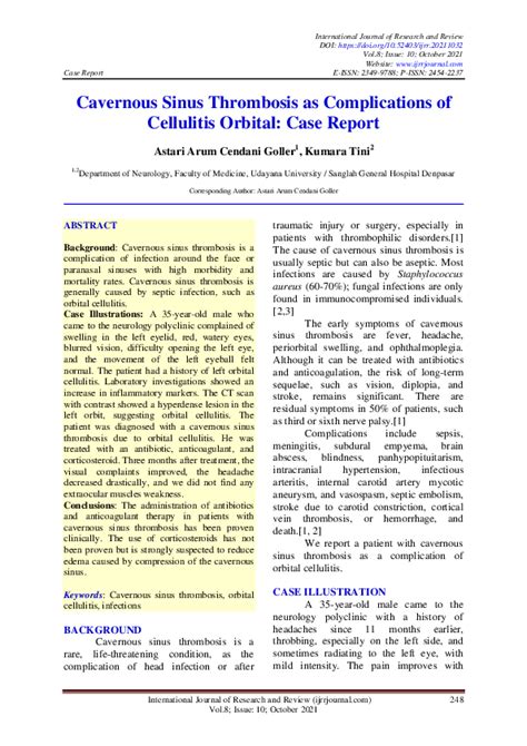 Pdf Cavernous Sinus Thrombosis As Complications Of Cellulitis Orbital