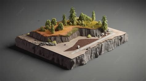 나무가 있는 작은 섬의 모형 토양 섹션이 있는 도로의 아이소메트릭 조각의 3d 그림 3d 그림 토양과 바위 생태 고화질 사진 사진 배경 일러스트 및 사진 무료 다운로드