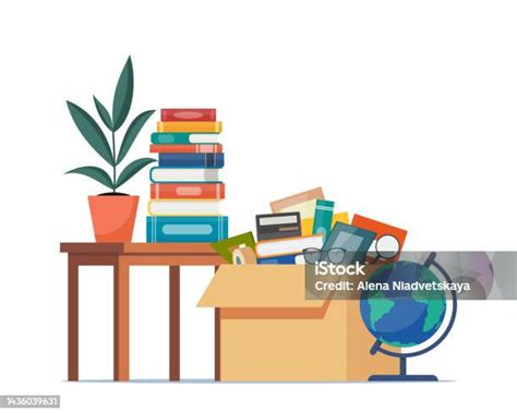 다양한 가정용 물건이있는 종이 판지 상자 새 집으로 이사 가족은 새로운 집으로 이주했습니다 수송을 위한 포장 물건 옷 가구 책 벡터 일러스트레이션 새 집으로 이사에 대한