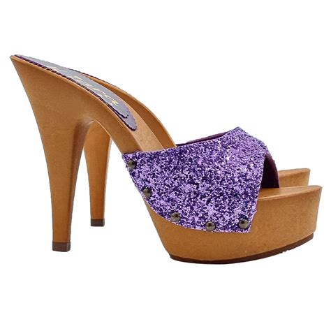 Womens Tall Fetish Sandals Purple Glitter Mules With Stiletto Heel