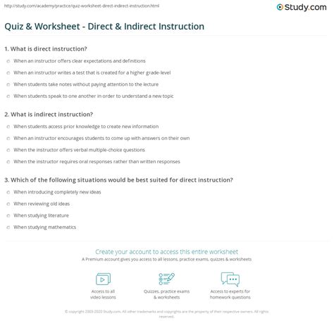 Quiz Worksheet Direct Indirect Instruction Study