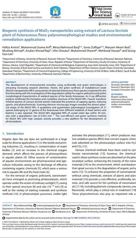 Dr Mehboob Hassan On Linkedin Journaloftaibahuniversitofscience Francis