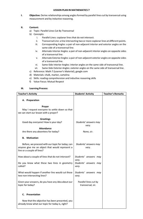 LP Grade Undefined Terms LESSON PLAN IN MATHEMATICS I Objective Derive Relationships