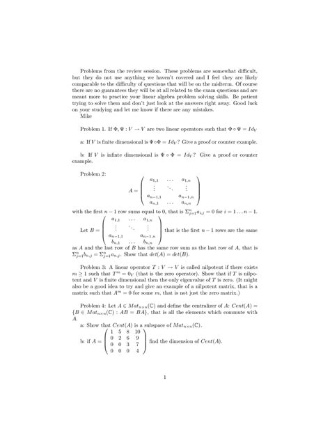 Problems For Midterm Exam Linear Algebra Math 115a Docsity