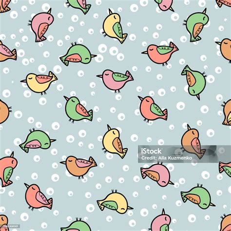 재미있는 다채로운 새와 원활한 패턴 작은 만화 새와 색상 플랫 벡터 일러스트 귀여운 캐릭터 초대 포스터 카드 전단지 직물 어린이를위한 직물을위한 템플릿 디자인 교육에 대한