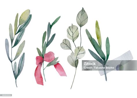 수채화 화환과 월계수 세트 손으로 그린 가지 잎 꽃잎 장식 요소 디자인 템플릿의 경우 초대합니다 0명에 대한 스톡 벡터 아트 및 기타 이미지 Istock