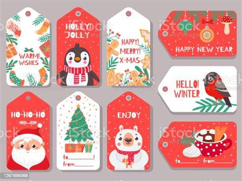 크리스마스 태그 귀여운 캐릭터 산타 곰과 불핀치 펭귄과 축제 레터링 벡터 세트겨울 휴일 Xmas 선물 라벨 마시멜로에 대한 스톡 벡터 아트 및 기타 이미지 Istock