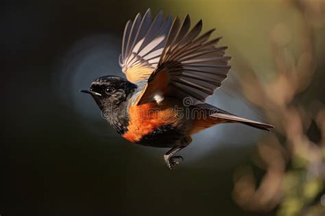 Male Redstart In Flight With Its Dramatic Coloring On Full Display