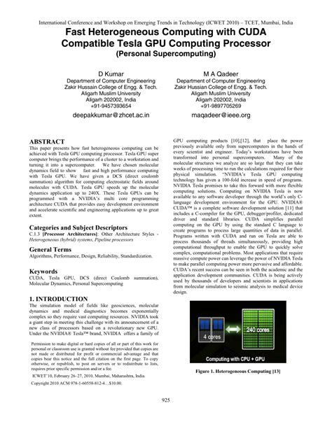 Pdf Fast Heterogeneous Computing With Cuda Compatible Tesla Gpu Computing Processor Personal