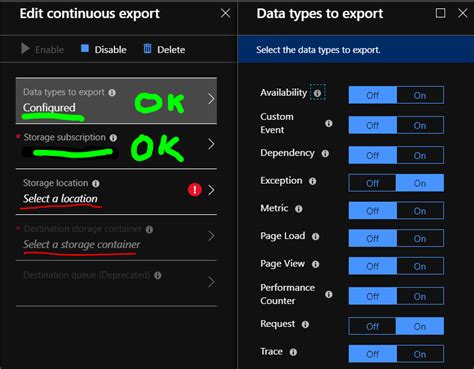 azure how to properly set up continuous exports on app insights with