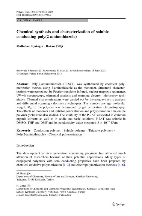 Pdf Chemical Synthesis And Characterization Of Soluble Conducting Poly2 Aminothiazole