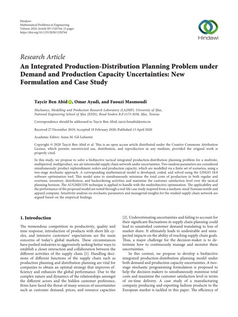 Pdf An Integrated Production Distribution Planning Problem Under Demand And Production