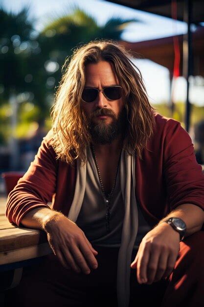 Premium Ai Image Man With Long Hair And Sunglasses Sitting On Bench