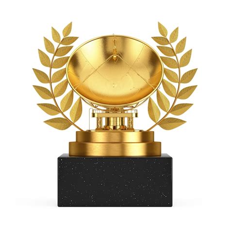 우승자 수상 큐브 골드 월계관 연단 무대 또는 흰색 배경 3d 렌더링에 황금 큰 위성 접시 안테나 레이더와 받침대 프리미엄 사진