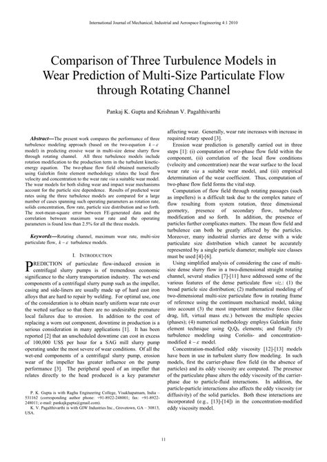 Pdf Comparison Of Three Turbulence Models In Wear Prediction Of Multi Size Particulate Flow