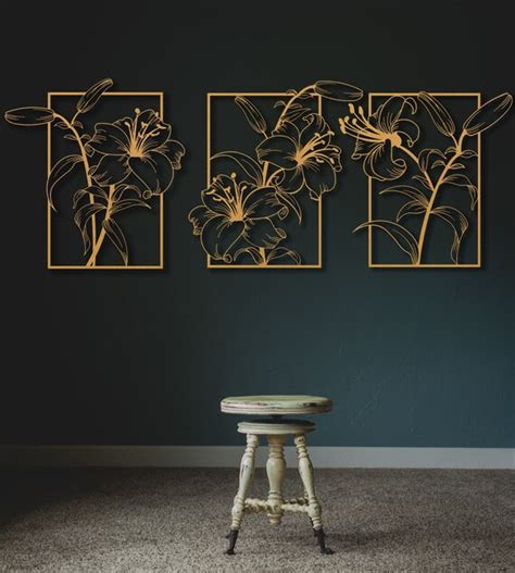 Set Gold Flower Large Metal Wall Art Gold Flower Wall Art Etsy