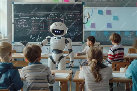Robot De Ia Enseñando A Los Niños En Clase Resolviendo Ejemplos En La