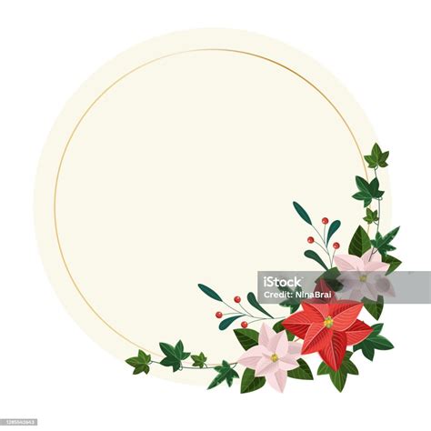 베이지 색 배경에 포인세티아 레드 베리 아이비 골드 라인이 있는 겨울 꽃화환 크리스마스 벡터 원 프레임 Xm및 새해 디자인에 대한 일러스트레이션 둥근 식물 프레임 0명에