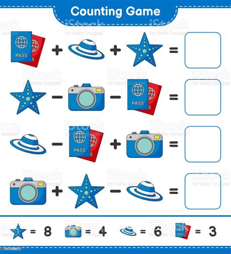 게임을 계산하고 여름 모자 여권 카메라 불가사리의 수를 계산하고 결과를 작성합니다 교육 어린이 게임 인쇄 워크 시트 벡터 일러스트레이션 0명에 대한 스톡 벡터 아트 및 기타
