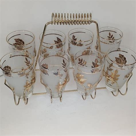 Libby Dining Euc Vintage Mcm 6s Libby Frosted Gold Leaf Bar Glasses