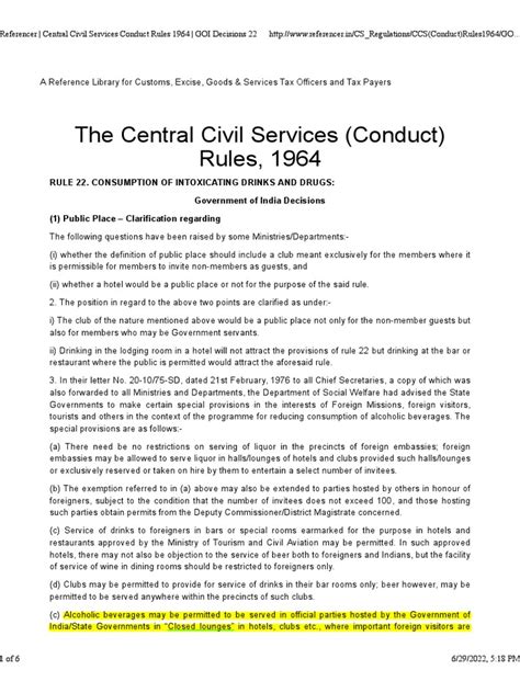 Ccs Conduct Rule 22 Consumption Of Intoxicating Drinks Exemptions Pdf