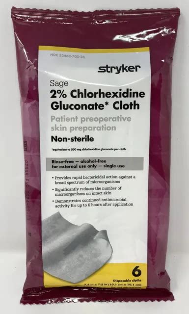 Stryker Sage 2 Chlorhexidine Gluconate Patient Pre Op Cloths One Pack