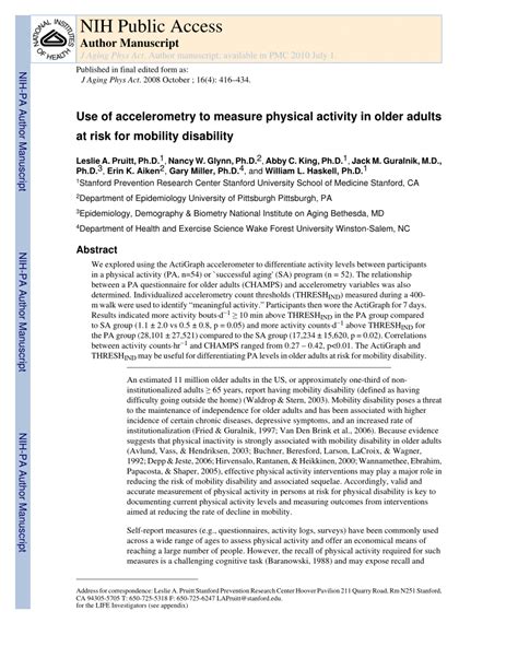 Pdf Use Of Accelerometry To Measure Physical Activity In Older Adults At Risk For Mobility