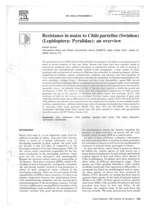 Pdf Resistance In Maize To Chilo Partellus Swinhoe Lepidoptera