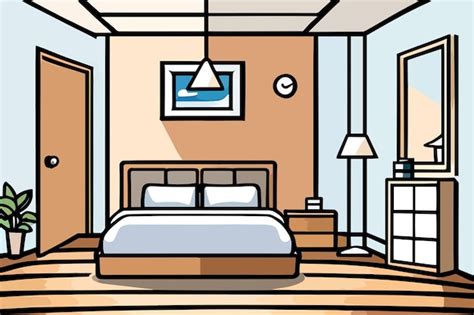 Una caricatura de un dormitorio con una cama una lámpara y un reloj en