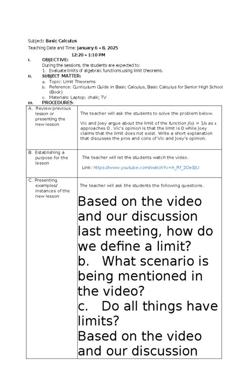 Lesson Plan Limit Theorems Subject Basic Calculus Teaching Date And Time January 6 8