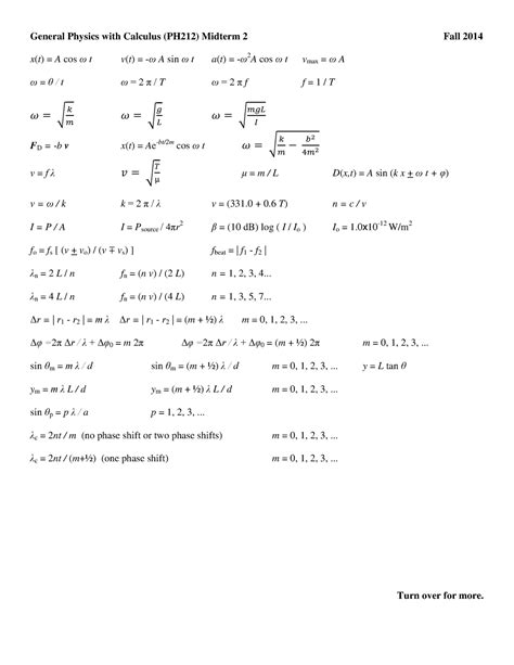 Equations form2 General Physics with Calculus PH212 Midterm 2 Fall 2014 x t A cos ω t v t