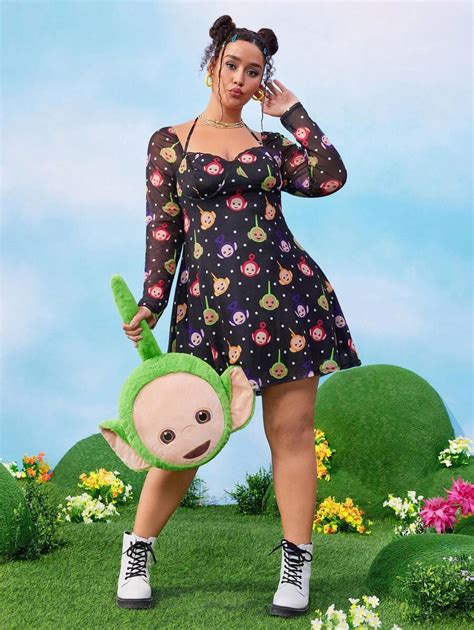 Teletubbies X Shein Plus Size Women Polka Dot Mesh A Line Lace Halter