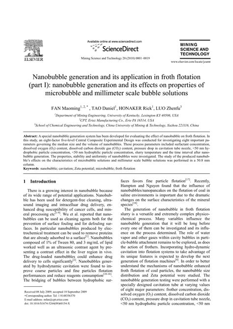 Pdf Nanobubble Generation And Its Application In Froth Flotation Part I Nanobubble